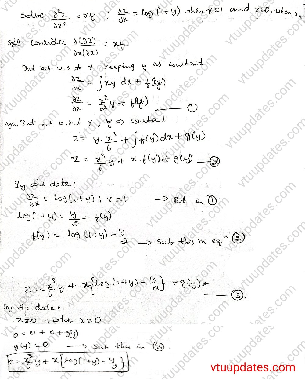 Solve 𝜕^2𝑧/𝜕𝑥^2=𝑥𝑦 subject to the conditions 𝜕𝑧/𝜕𝑥=log(1+𝑦), when 𝑥=1 ...