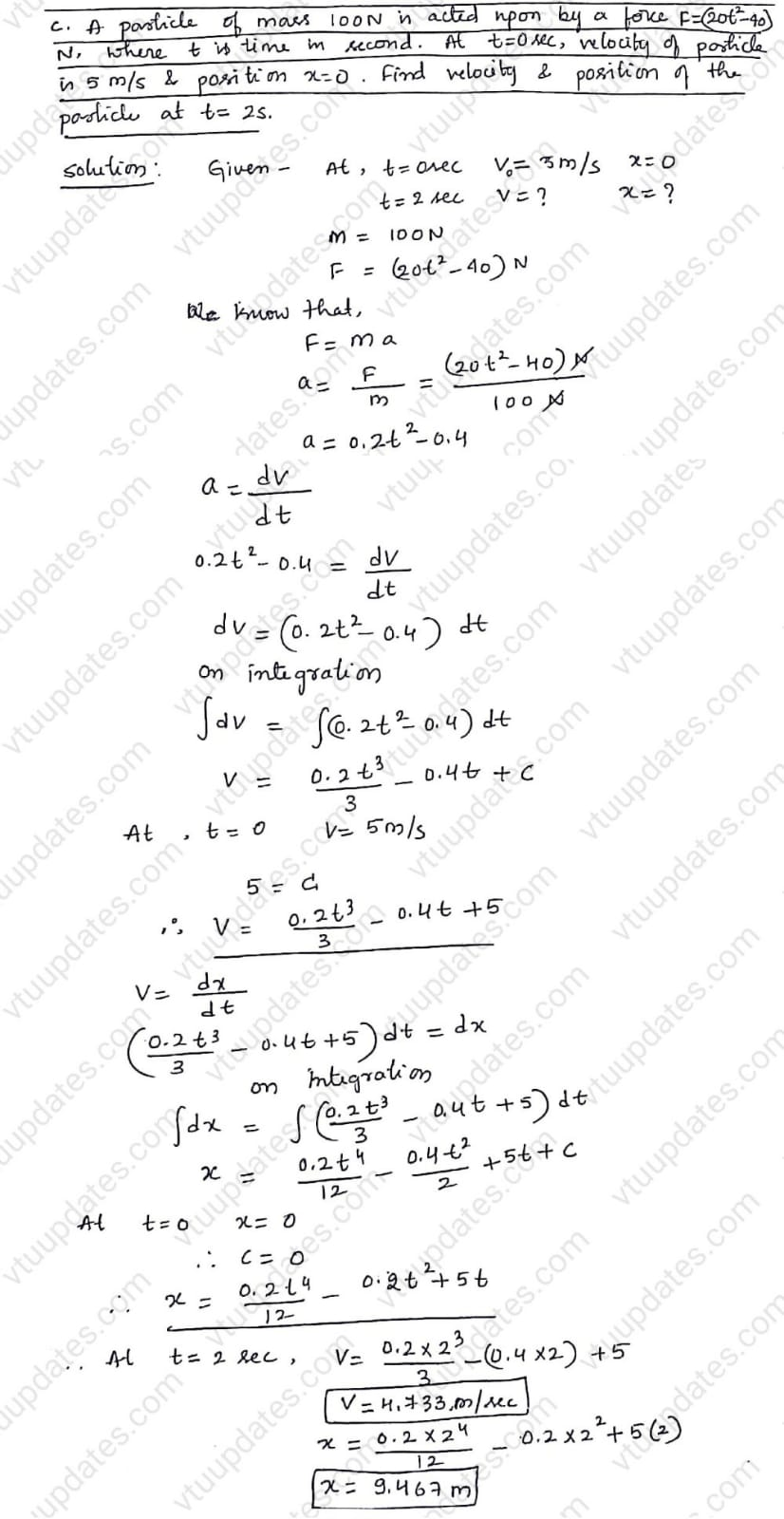 A particle of mass 100N is acted upon by a force F = (20t2 – 40)N ...