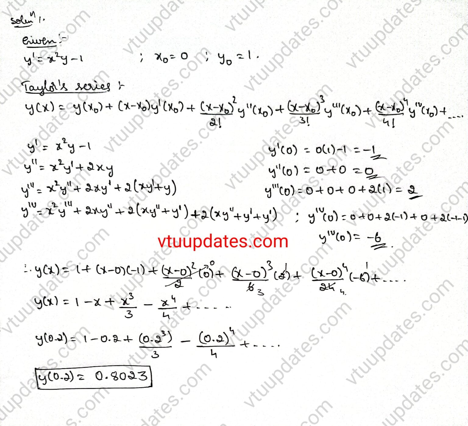 Use the Taylor series method to find 𝑦(0.2) for given equation with y(0)=1