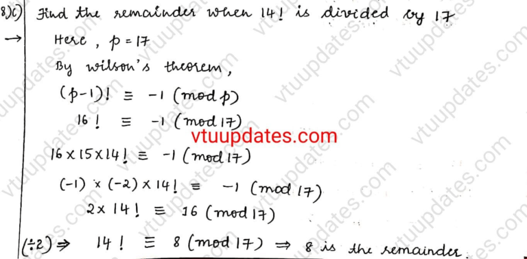 Find the remainder when 14! is divided by 17 - VTU Updates