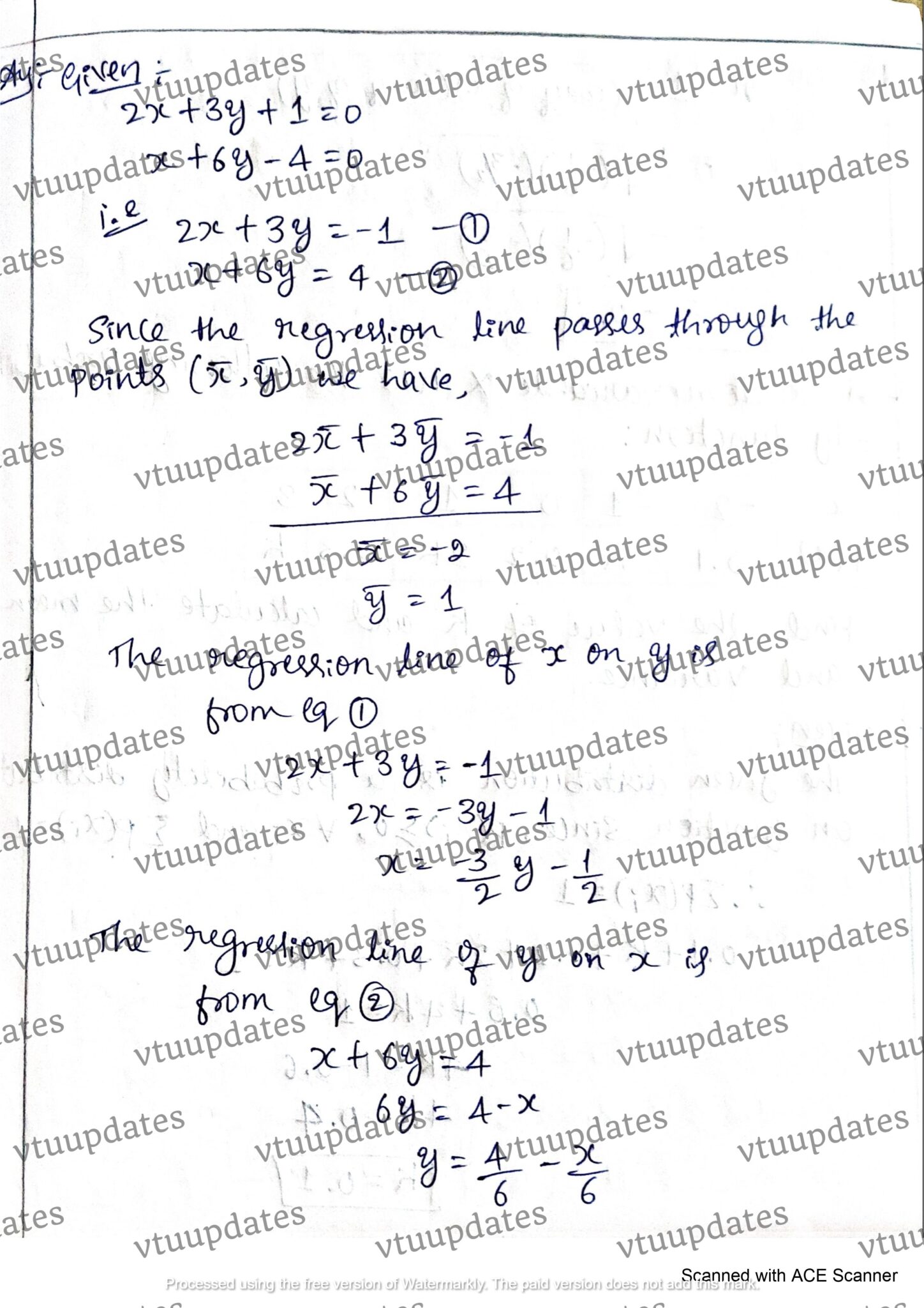 With usual notation compute means x and y and correlation coefficient r ...