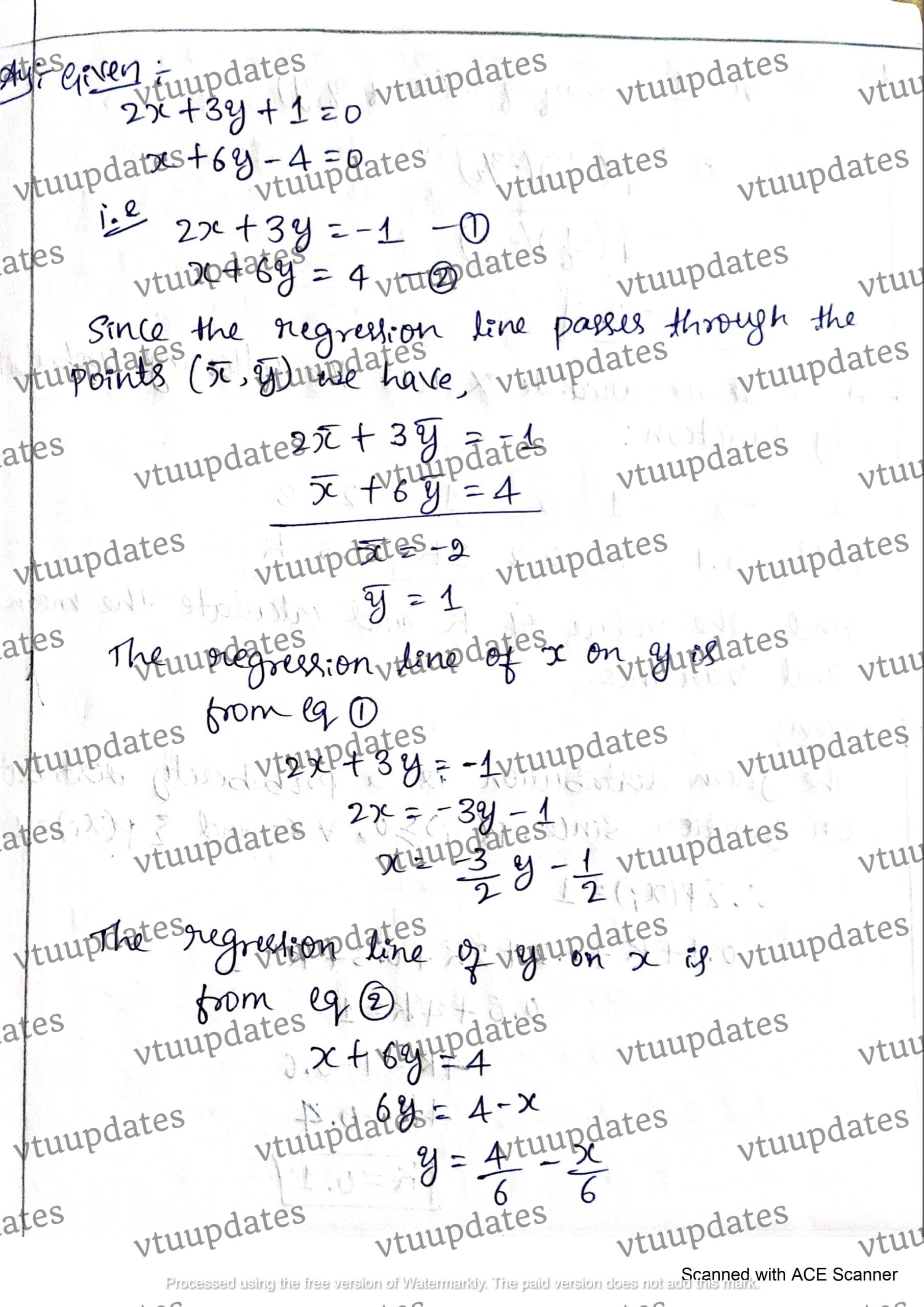 With usual notation compute means x and y and correlation coefficient r ...