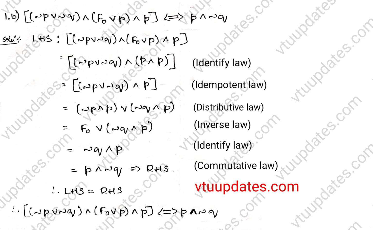 Using the laws of logic, prove the following logical equivalence [(¬pV¬q) ^ (Fo V p) ^ p] ⇔ p ...